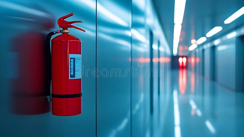 Red Fire Extinguisher in Modern Hallway with Reflective Walls Stock ...