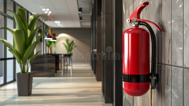 Red Fire Extinguisher in Modern Office Hallway. Stock Image - Image of ...