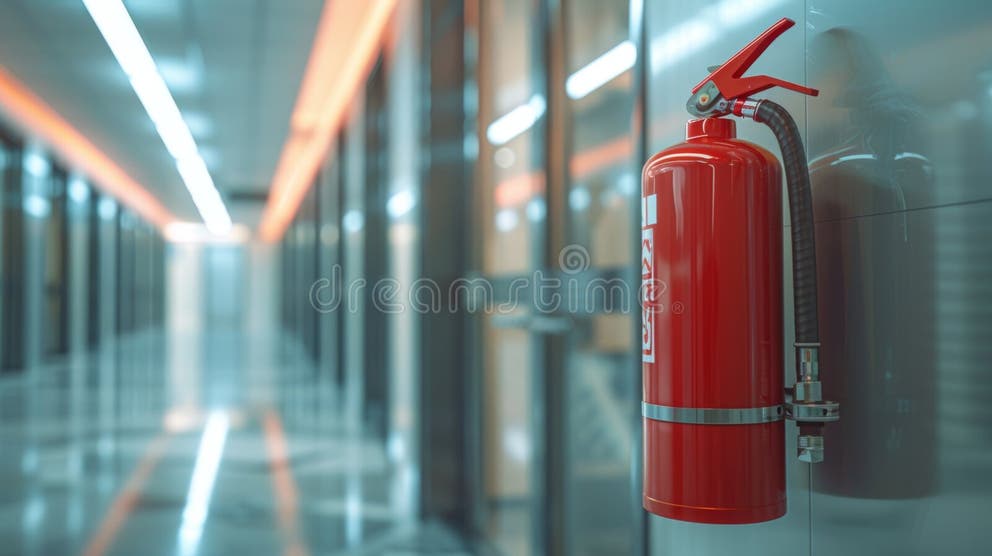 Red Fire Extinguisher in Modern Office Hallway. Stock Image - Image of ...