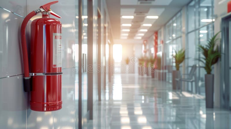 Red Fire Extinguisher in Modern Office Hallway. Stock Image - Image of ...