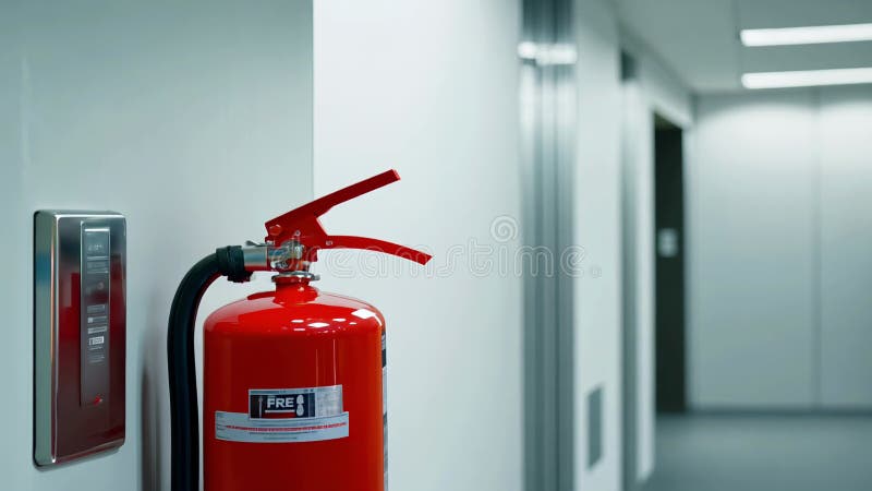 Red Fire Extinguisher in Modern Office Hallway, Emphasizing Safety ...