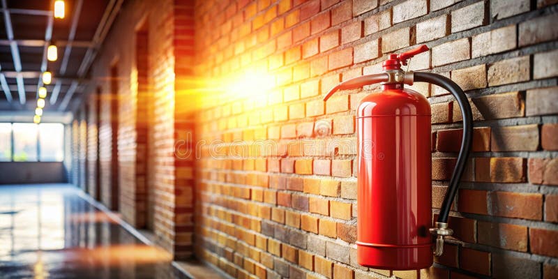Red Fire Extinguisher Mounted on Brick Wall in Corridor. Generative AI ...