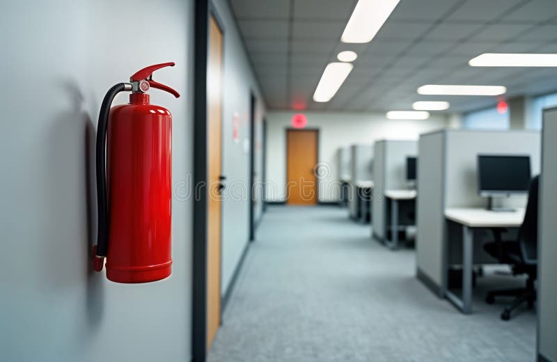 Red Fire Extinguisher Mounted on Gray Office Wall Hallway. Empty Office ...