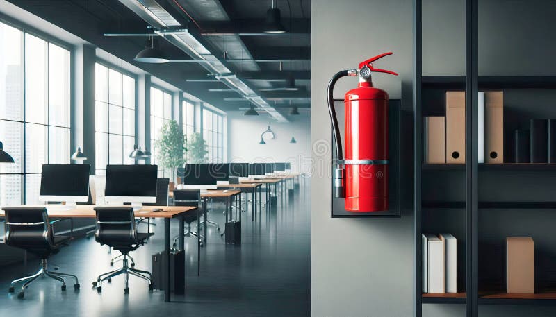 A Red Fire Extinguisher is Mounted on a Wall in a Large Office Stock ...