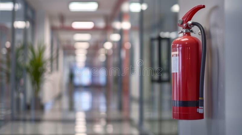 A Red Fire Extinguisher Mounted on a Wall in a Modern Office Corridor ...