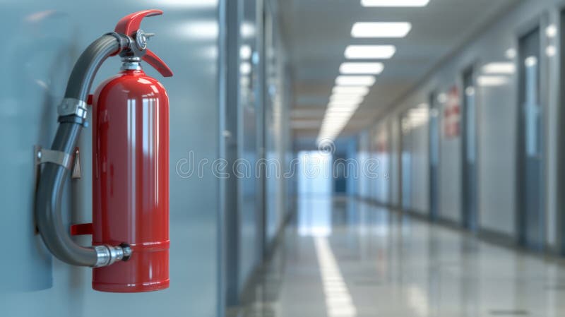 A Red Fire Extinguisher Mounted on a Wall in a Modern Office Corridor ...