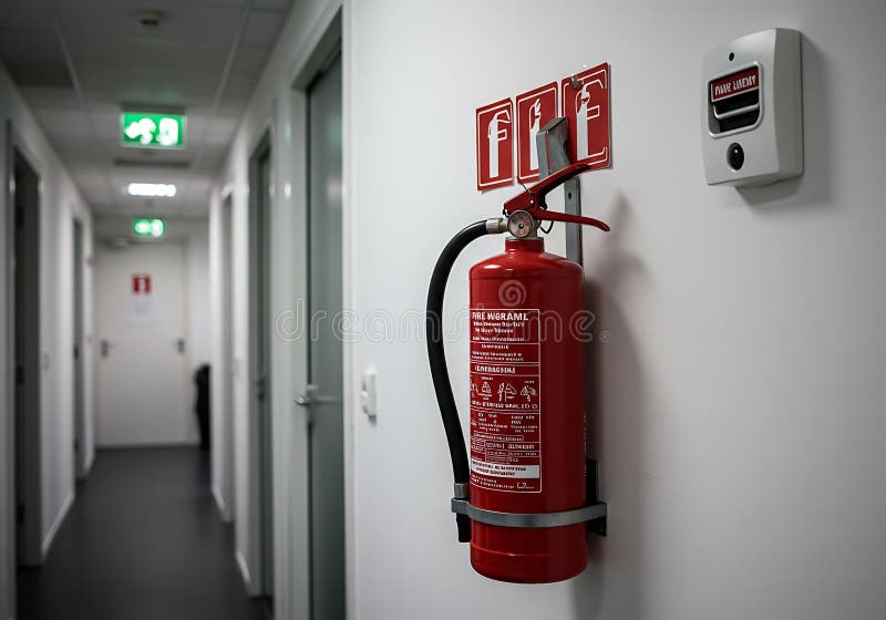 Red Fire Extinguisher Mounted on Wall in Office Hallway with Exit Sign ...
