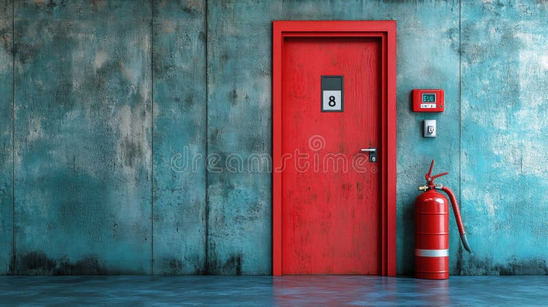 A Red Fire Extinguisher Next To a Blue Wall Stock Illustration ...