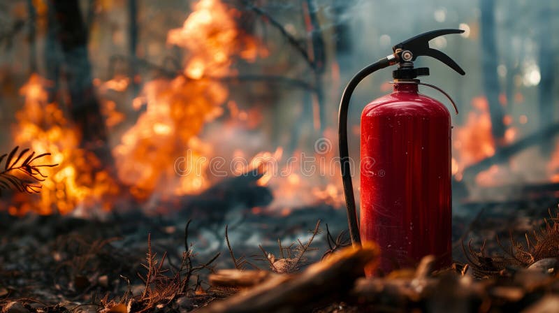 A Red Fire Extinguisher Stands Near a Forest Fire Stock Image - Image ...