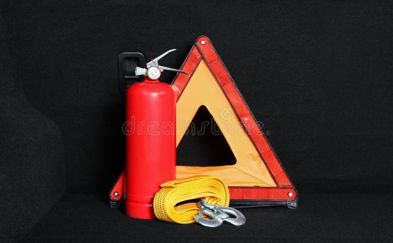 Red Fire Extinguisher, Towing Strap and Foldable Emergency Warning ...