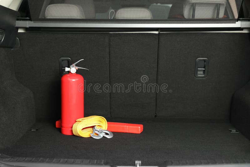 Red Fire Extinguisher, Towing Strap and Foldable Emergency Warning ...