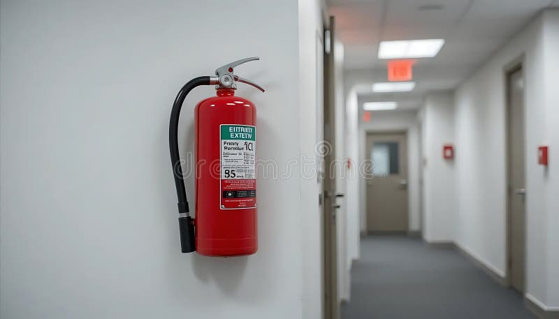 Red Fire Extinguisher on Wall in Office Hallway Safety Measure Stock ...