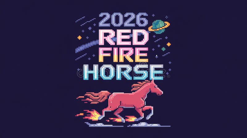 2026 Red Fire Horse: Retro Gaming Pixel Art with Cosmic Elements Stock ...