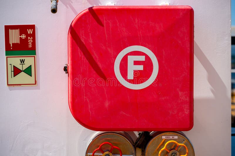 Red Fire Hose Box on a Ship.. Stock Photo - Image of danger, closeup ...