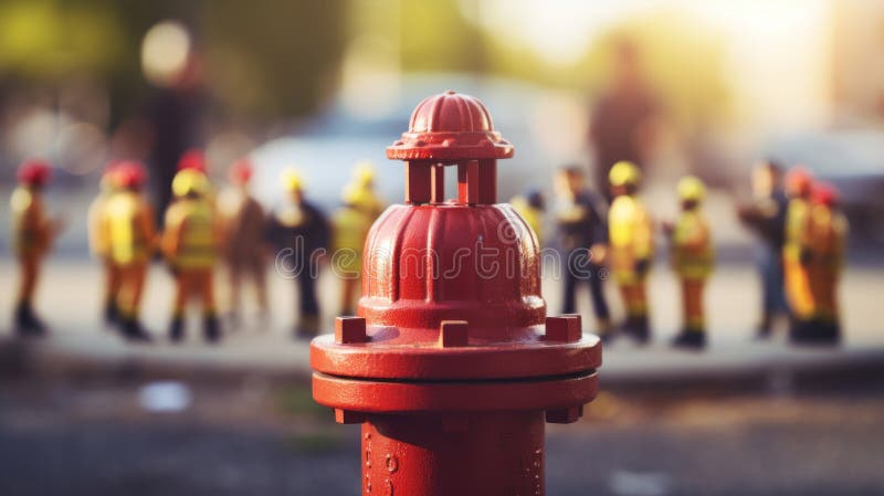 Red Fire Hydrant with Blurred Firefighters in Background Stock ...