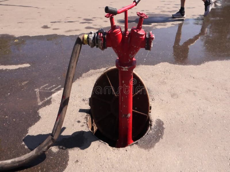 Red Fire Hydrant with Connected Hoses Installed Stock Video - Video of ...