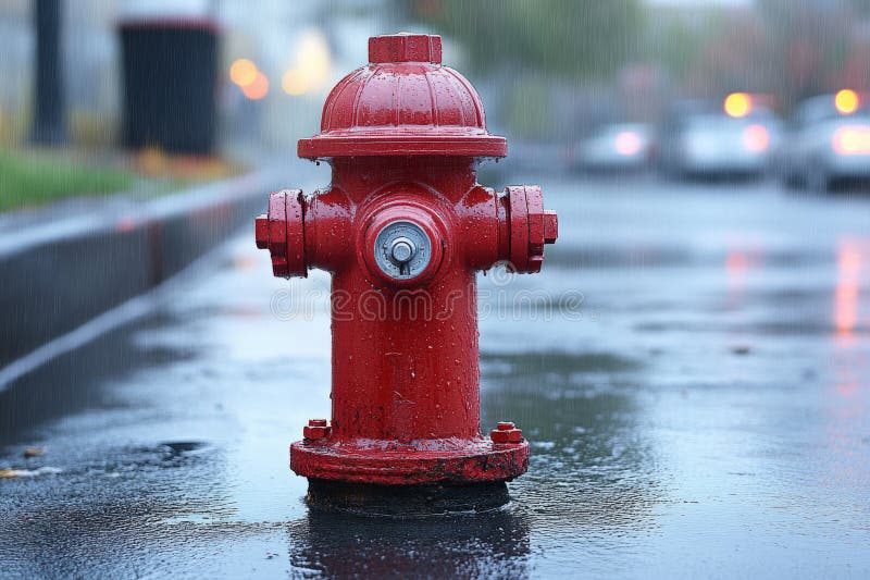 Red Fire Hydrant Covered with Raindrops Standing on Wet Asphalt during ...
