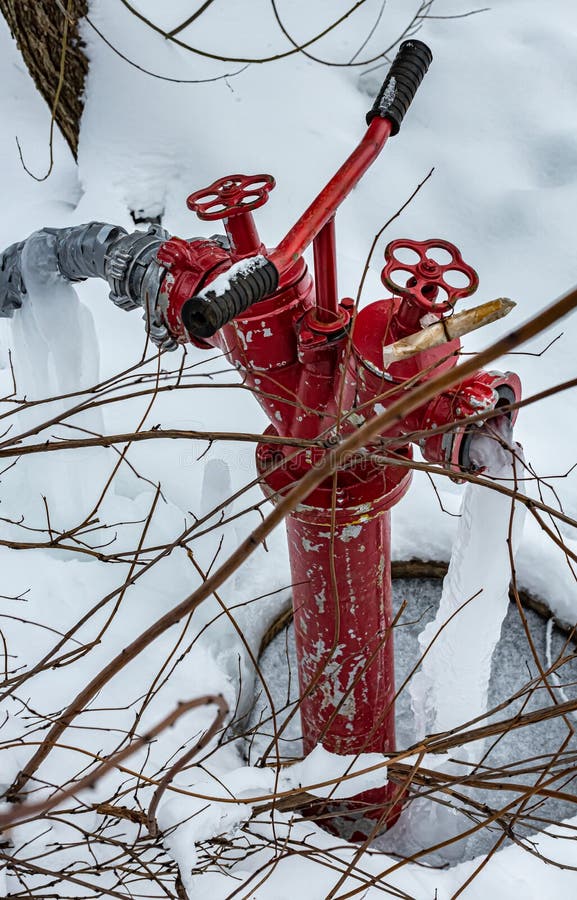 Red Fire Hydrant with Frozen Water Jet Stock Photo - Image of supply ...
