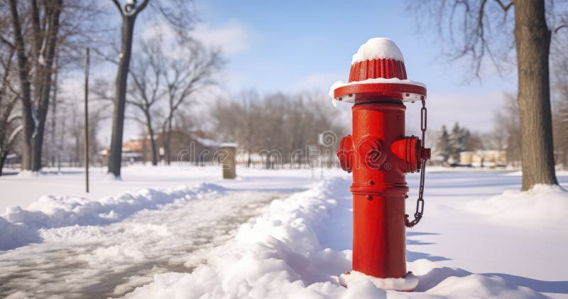 A Red Fire Hydrant and Pole Gleam Against a Wintry Scene of Snow ...
