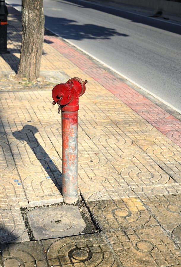 Red Fire Hydrant at Sidewalk Stock Image - Image of outdoor, pedestrian ...