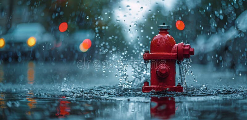Red Fire Hydrant Spraying Water during Rainstorm Stock Image - Image of ...