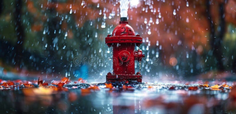 Red Fire Hydrant Spraying Water during Rainstorm Stock Image - Image of ...