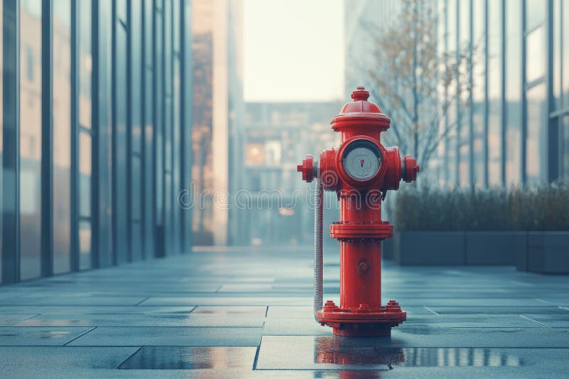 Red Fire Hydrant Standing on a Wet City Sidewalk with Modern Buildings ...
