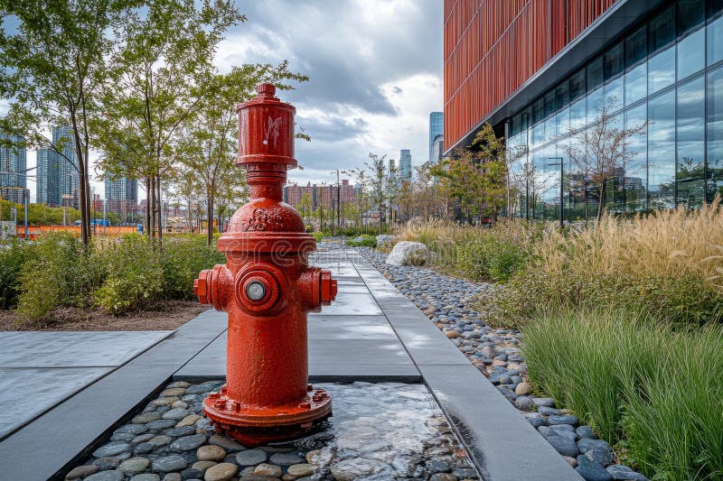 Red Fire Hydrant Surrounded by Greenery and a Modern Building in a City ...