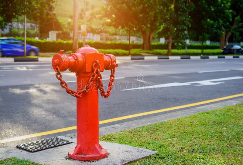 Red Fire Hydrant Water Pipe Near the Road. Stock Photo - Image of ...