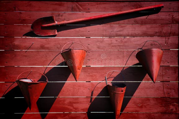 Red Fire Shield with Tools and Buckets Stock Image - Image of fireman ...