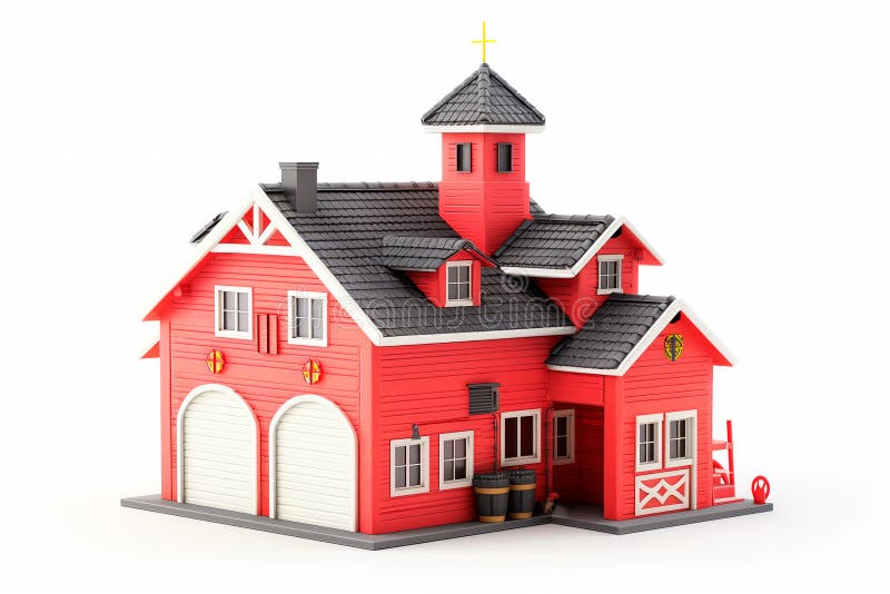 Red Fire Station Building with Garage Doors and Windows Isolated on ...