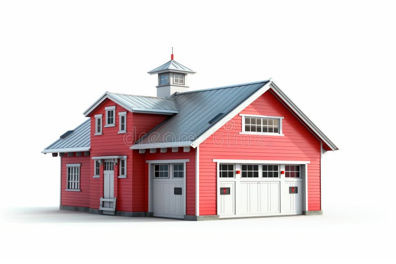 Red Fire Station Building with Garage Doors and Windows Isolated on ...