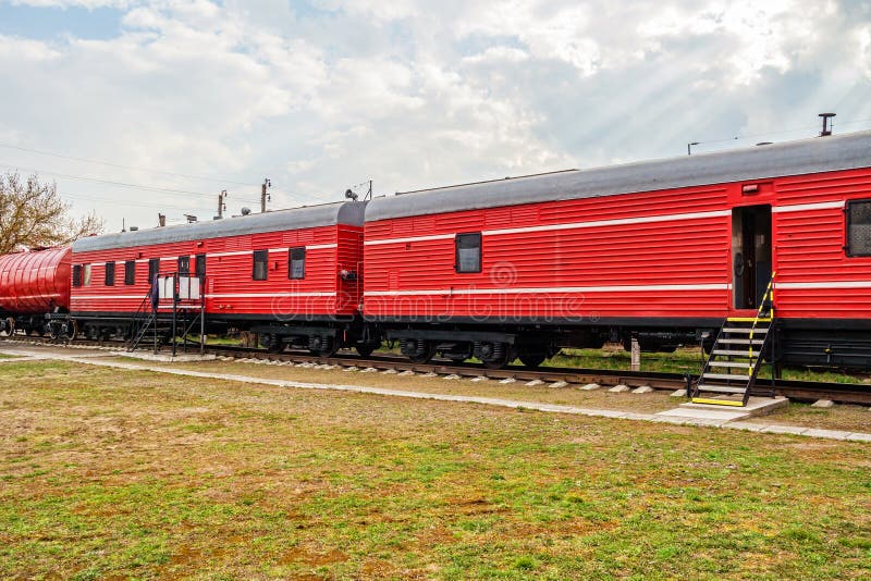 Red Fire Train on the Track Stock Photo - Image of male, harassment ...