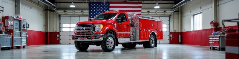 Red Fire Truck in American Fire Station with Flag Stock Image - Image ...