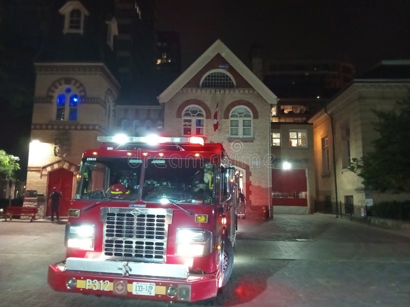 Red Fire Truck in Front of a Fire Station in Toronto at Night Editorial ...