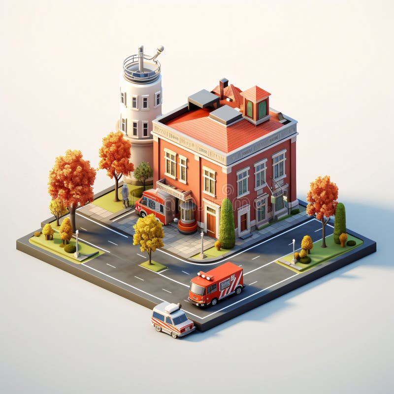 Red Fire Truck Parked in Front of a Fire Station. Stock Illustration - Illustration of garage ...