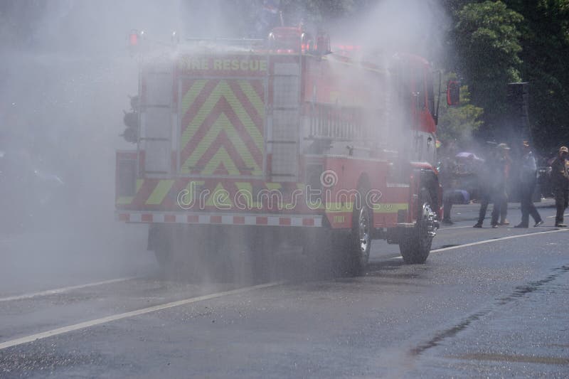 Red fire truck on the road editorial stock photo. Image of indonesian ...
