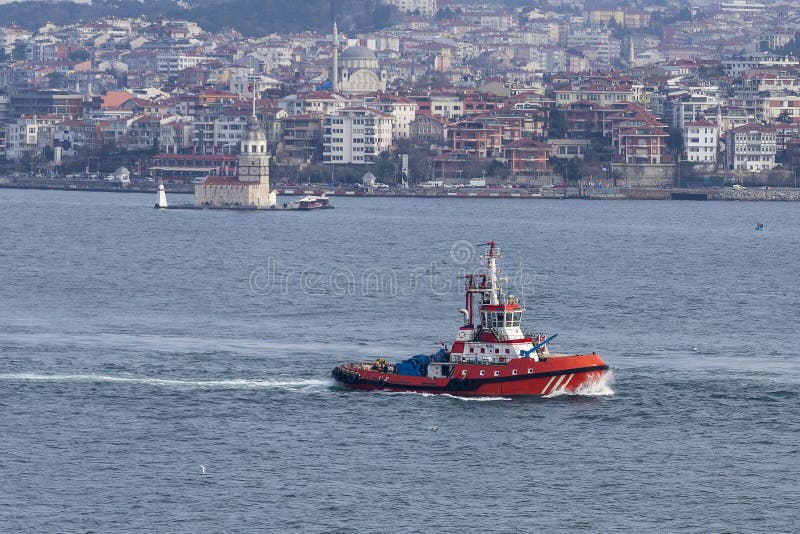 A Red Fire Tug Boat Equipped with Saftey Equipment Stock Photo - Image ...
