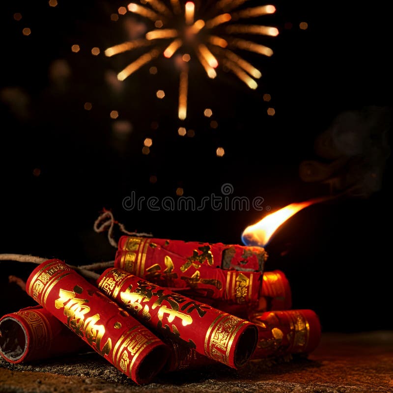 Firecrackers Burning with Fireworks Exploding in Background for Chinese ...
