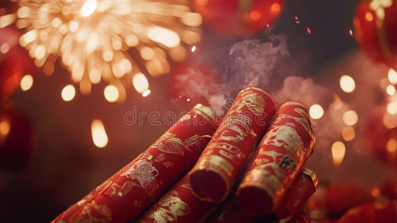 Red Firecrackers with Fireworks and Lanterns at Night Stock ...
