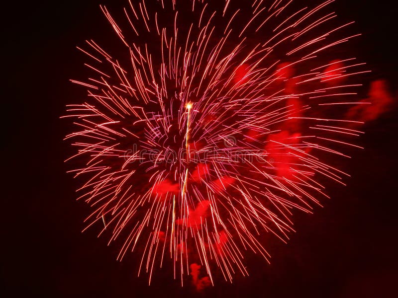 Red Fireworks, Rays in Night Sky Stock Image - Image of effect ...