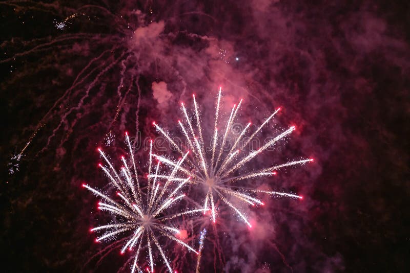 Red Firework with Smoke Over the City Sky Stock Image - Image of ...