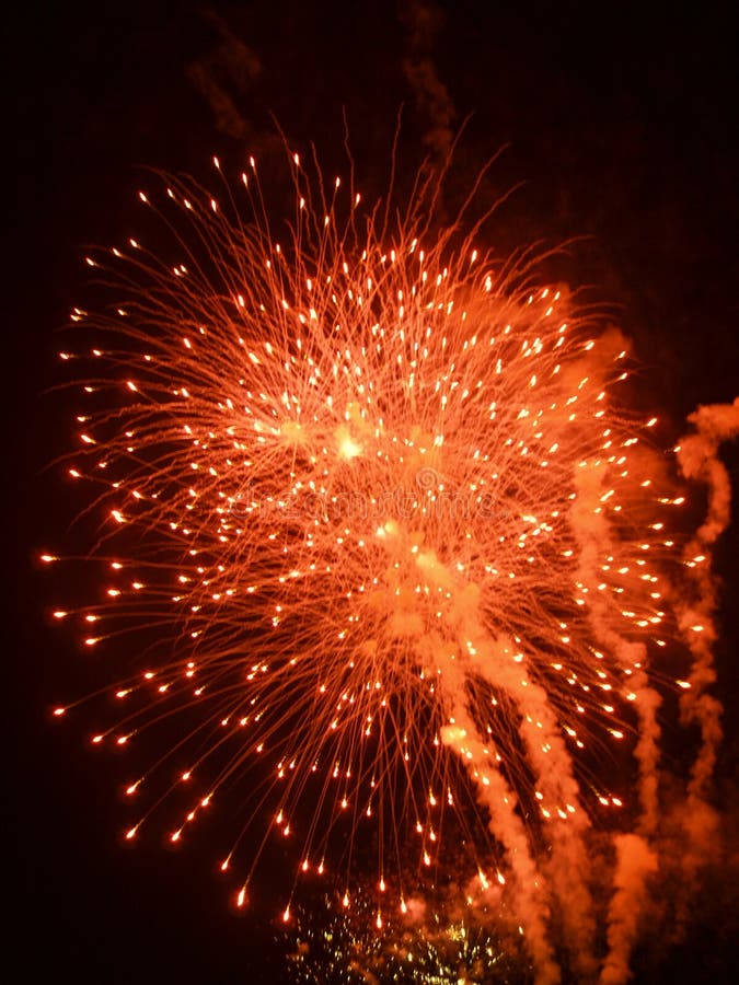 Red Fireworks Burst with Smoke Trail Stock Image - Image of flame ...