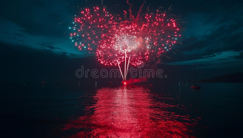Red Fireworks Exploding in the Night Sky Over a Calm Water Reflection ...