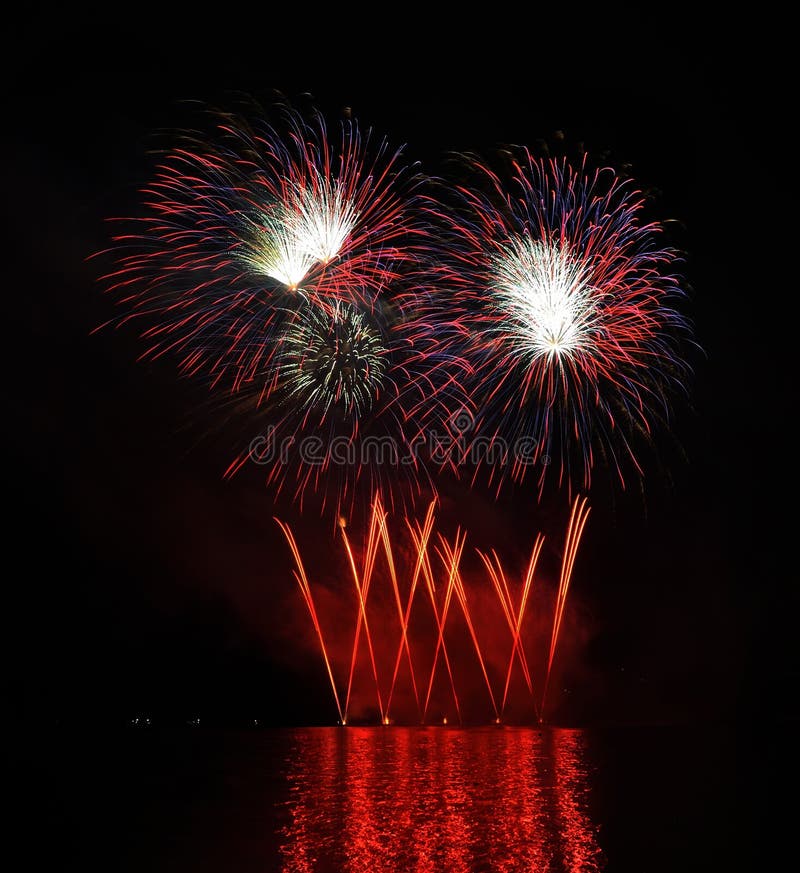 Red fireworks stock photo. Image of celebrate, lake, fireworks - 51934894