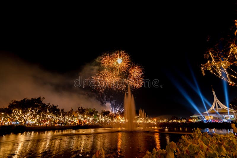 Red fireworks at night stock image. Image of city, thailand - 204808901