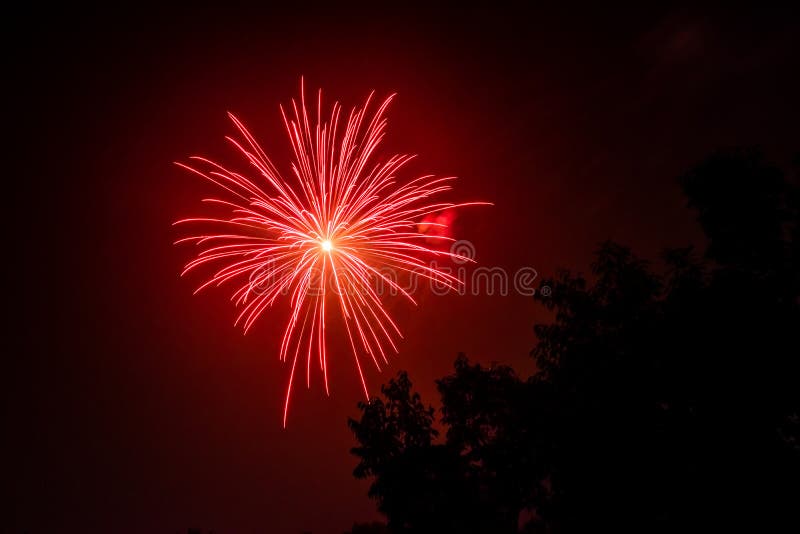 Red Fireworks at Night Sky with Visible Trees Stock Photo - Image of ...
