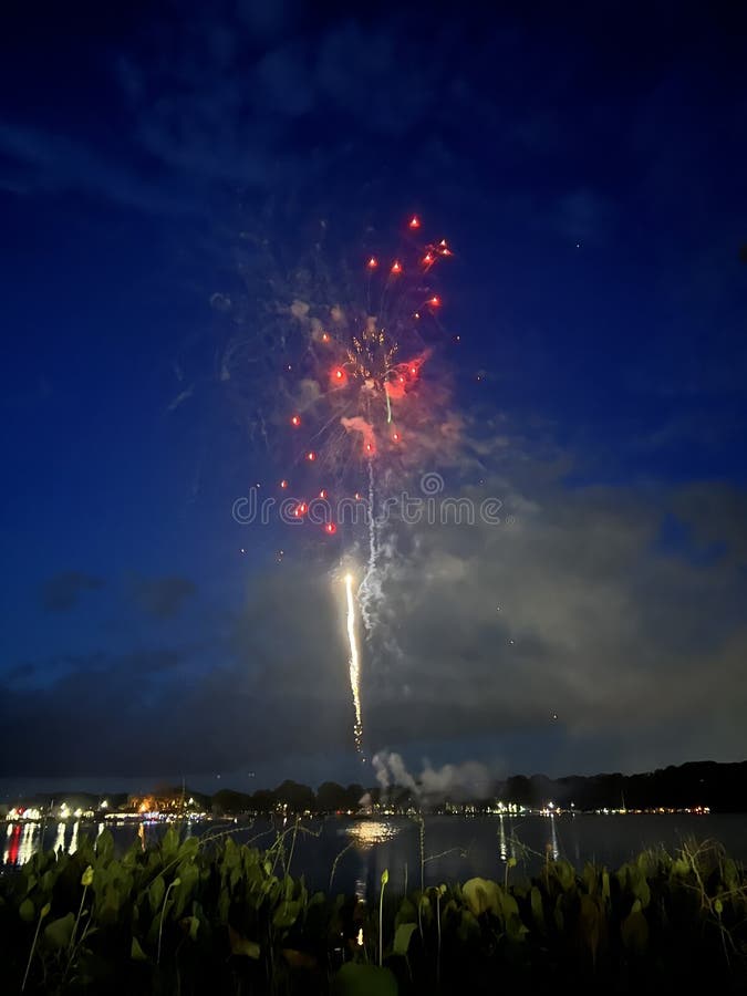 Red fireworks stock image. Image of celebrate, lake - 287705003