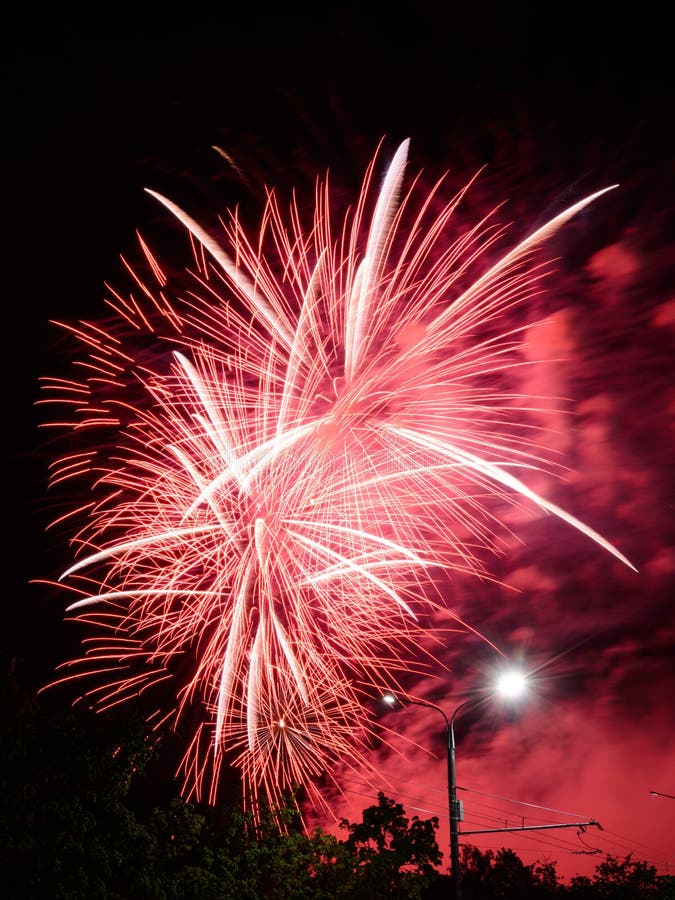Red fireworks in sky stock photo. Image of skyrocket - 134429714