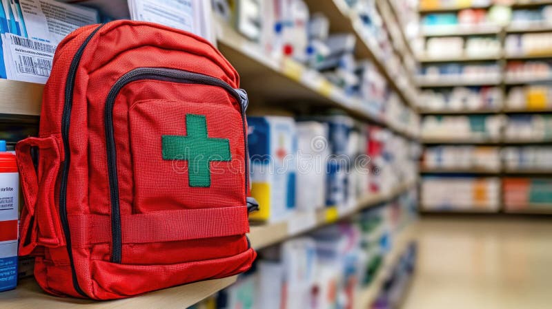 Red First Aid Backpack with Green Cross in Pharmacy Aisle Stock Photo ...